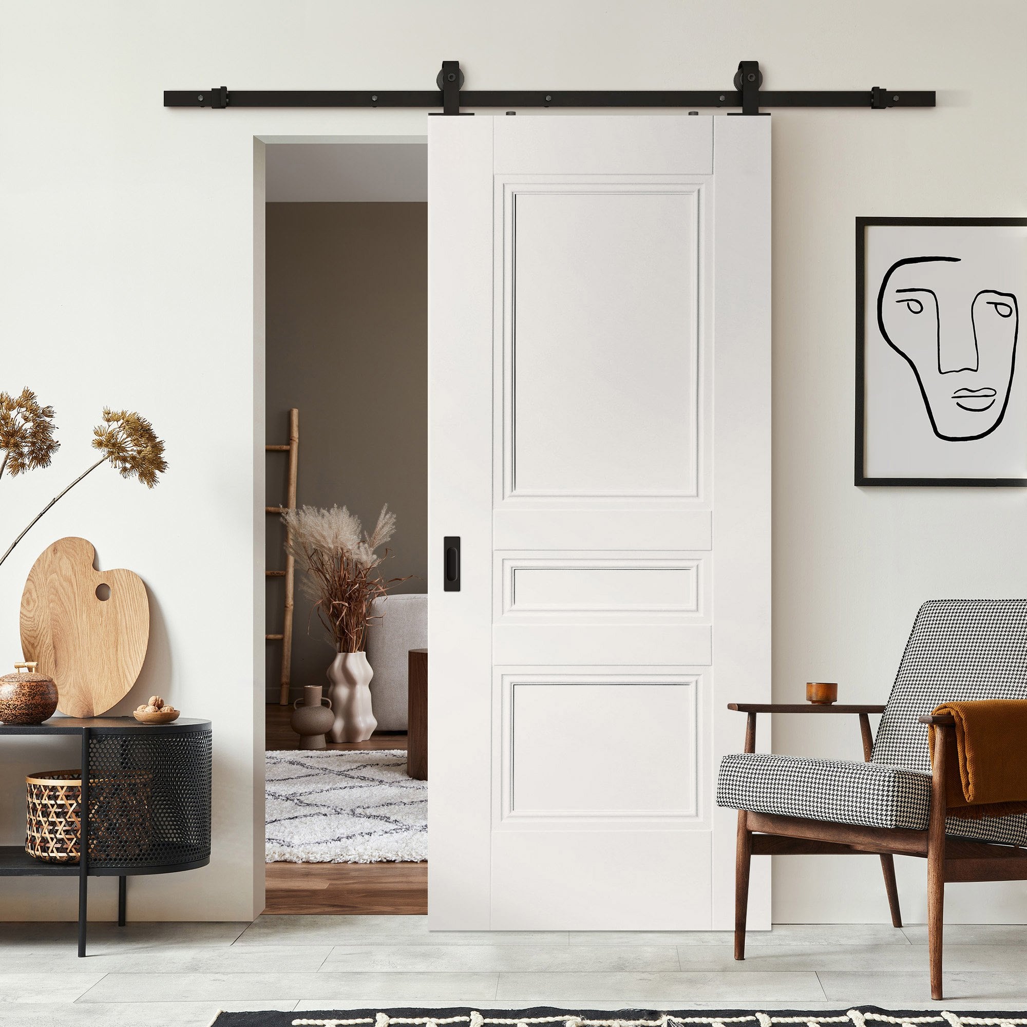White Primed Internal Elegance Henley Sliding Door - Black Top Mounted ...