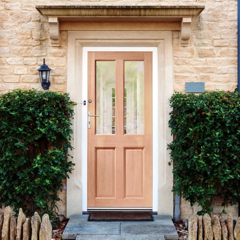 Hardwood External Unfinished 4 Panel 2 Light Clear Glass Door | Leader ...