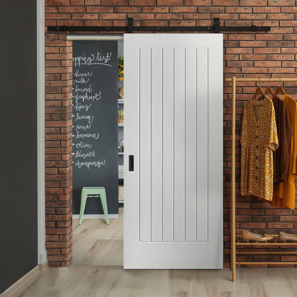 White Primed Internal Cottage 1 Panel Sliding Door - Black Top Mounted ...