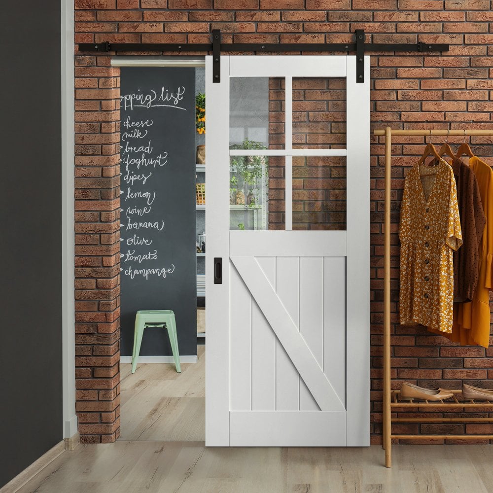 White Internal Primed Barn 4 Light Clear Glass FLB Sliding Door - Black ...