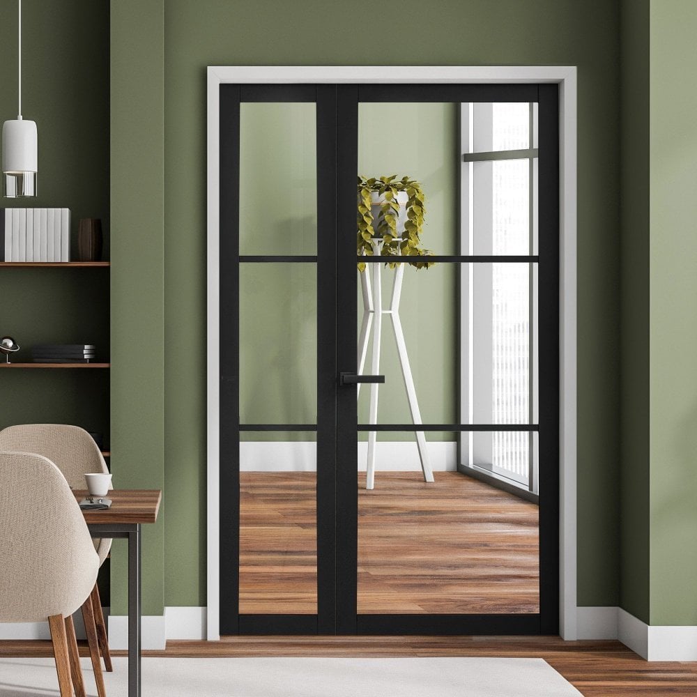 Jet Black Internal Fully Finished 3 Light Clear Glass Industrial Studio ...